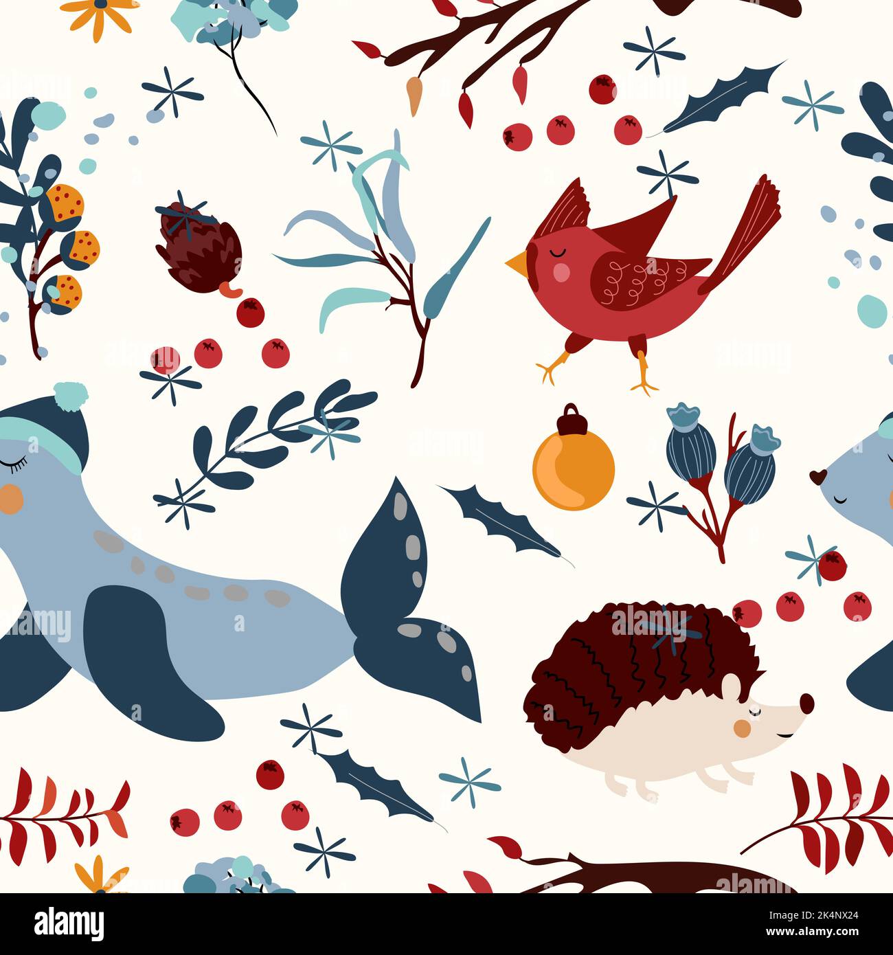 Winter seamless patterns with cardinal bird, cute seal, hedgehog ...