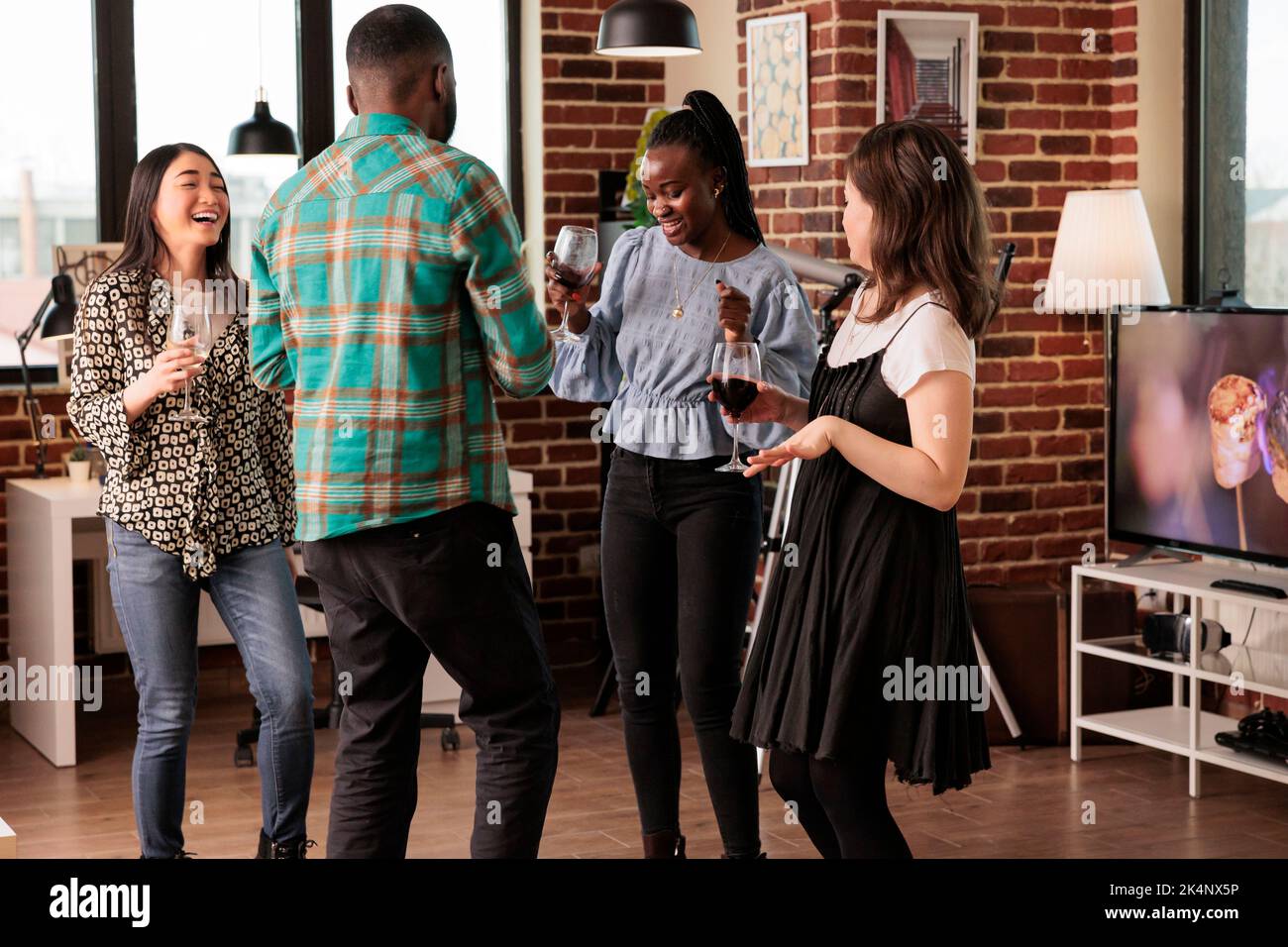 Various nationalities people enjoying friendship, partnership, dancing ...