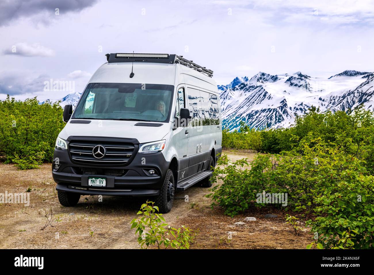 Airstream Interstate 24X campervan; view west of Alsek Range ...
