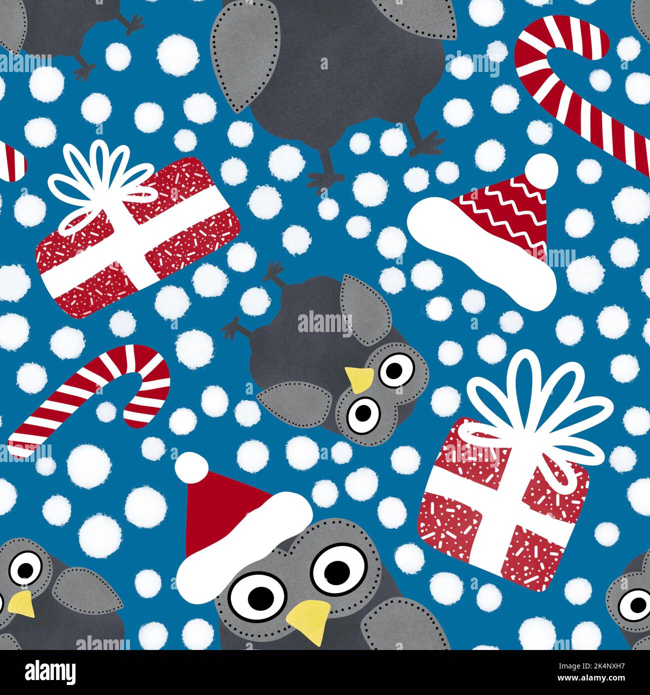 Cartoon owl seamless Christmas gifts box and candy and Santa hat ...
