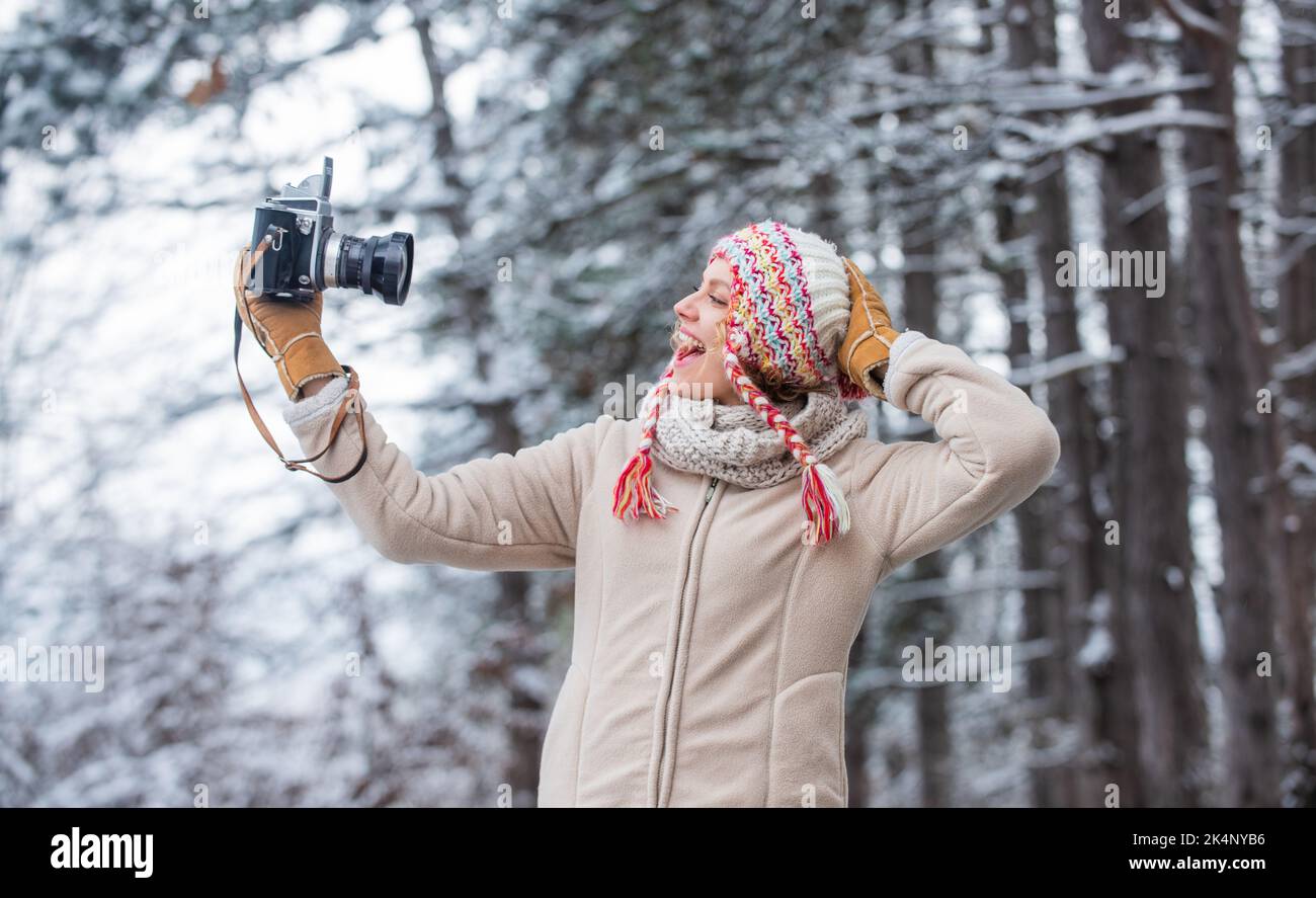 Winter time fun. happy woman make selfie on camera. winter selfie ...