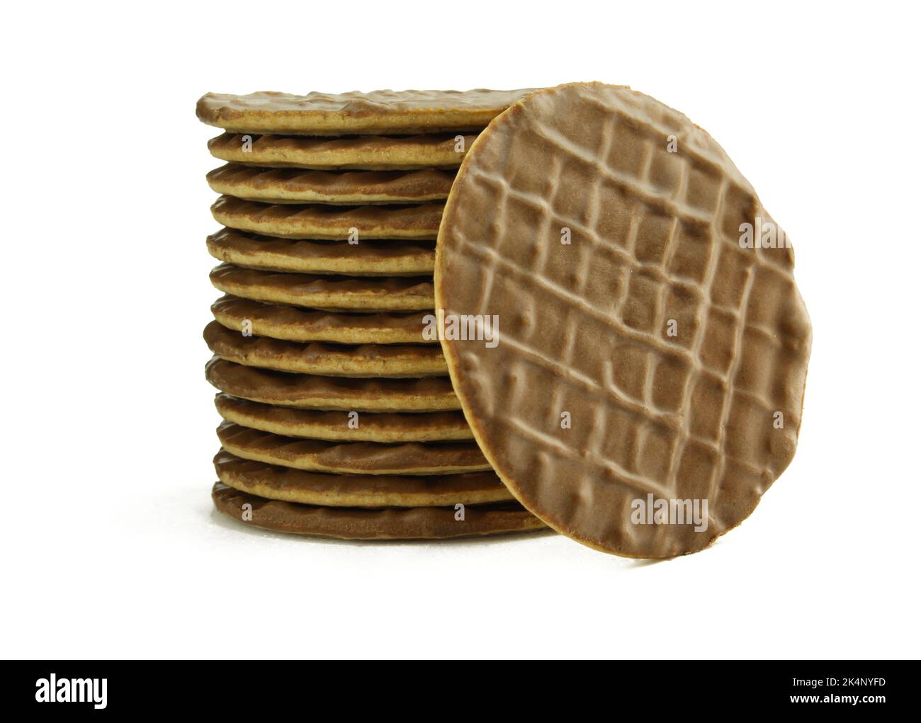 Stack of thin chocolate coated biscuits isolated on white background ...