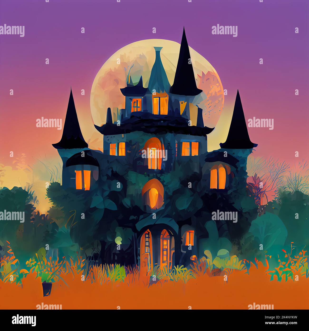 Castle under the moon illustration. Fairytale castle bright picture ...