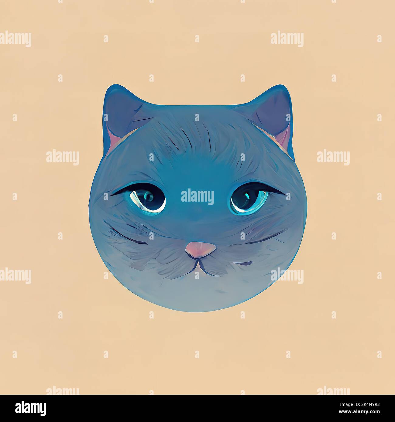 Cute cat head with blue eyes front illustration. Digital illustration ...