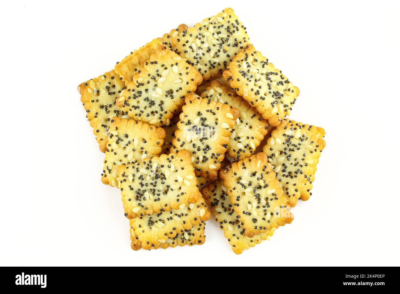 Group of square shape wheat crackers covered with seeds isolated on ...