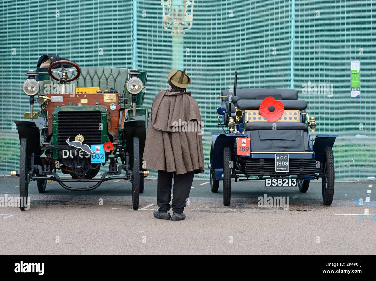 Two veteran cars parked at the finish line in Brighton after the London ...