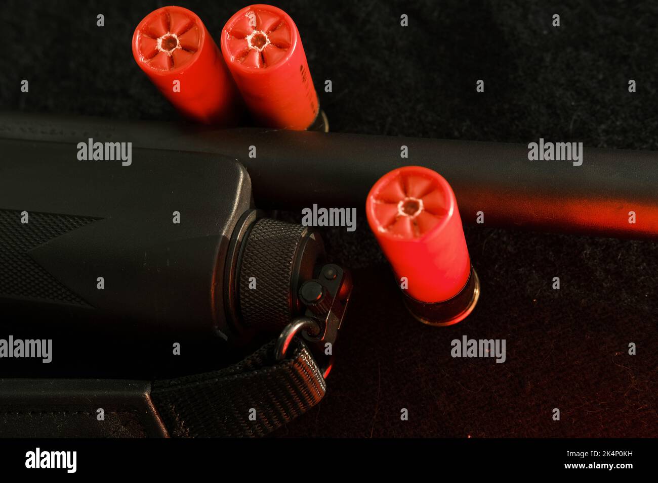 shell magazine into the barrel of a long shotgun on dark background ...