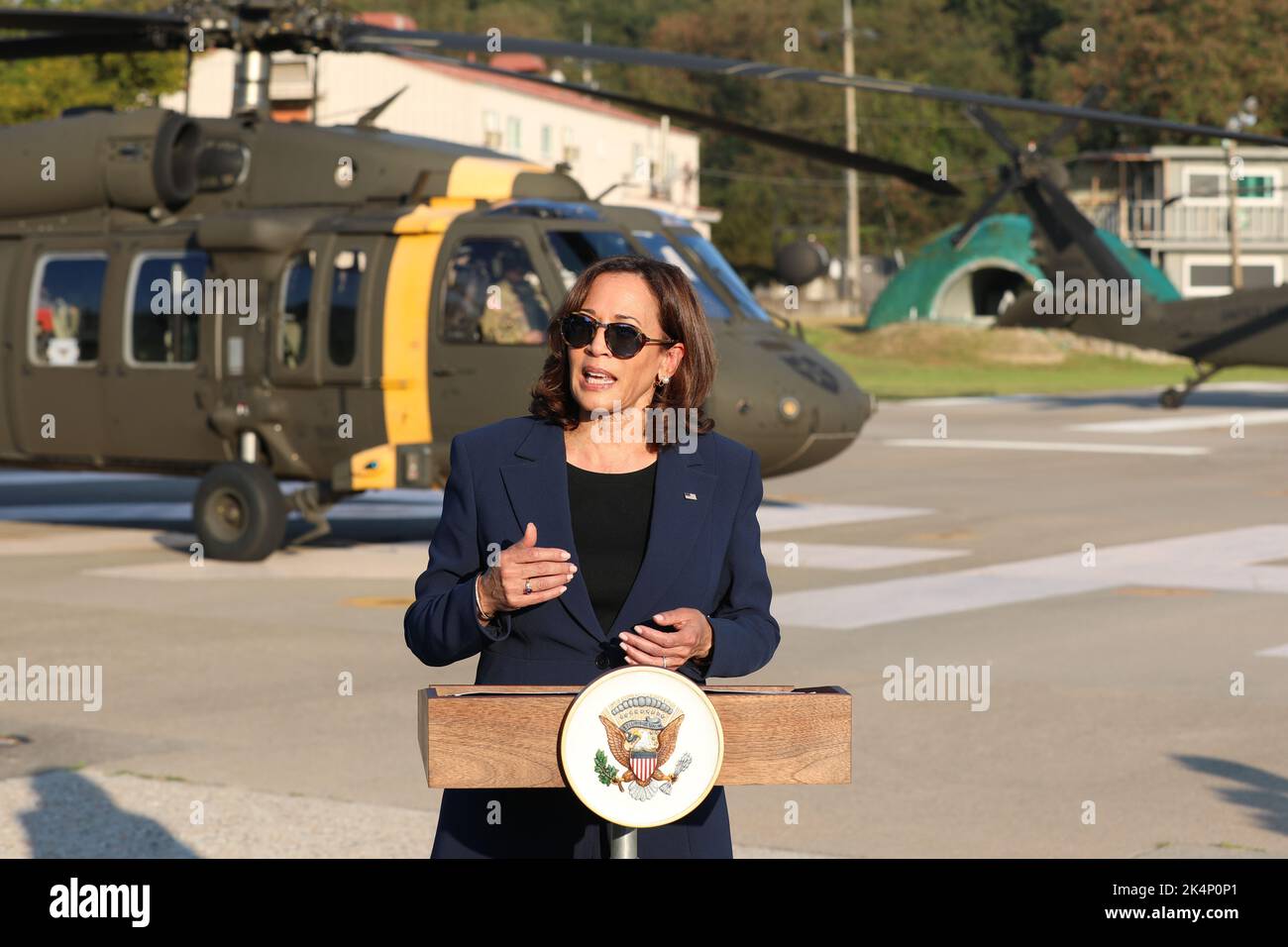 U.S. Vice President Kamala Harris gives a speech at the demilitarized ...