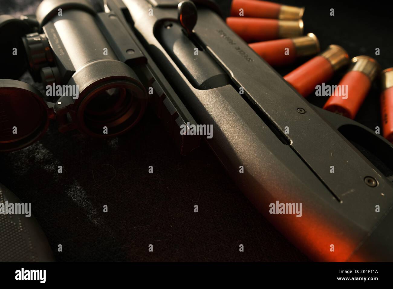 Closeup shotgun shutter. Hunting semi-automatic shotgun with wooden ...