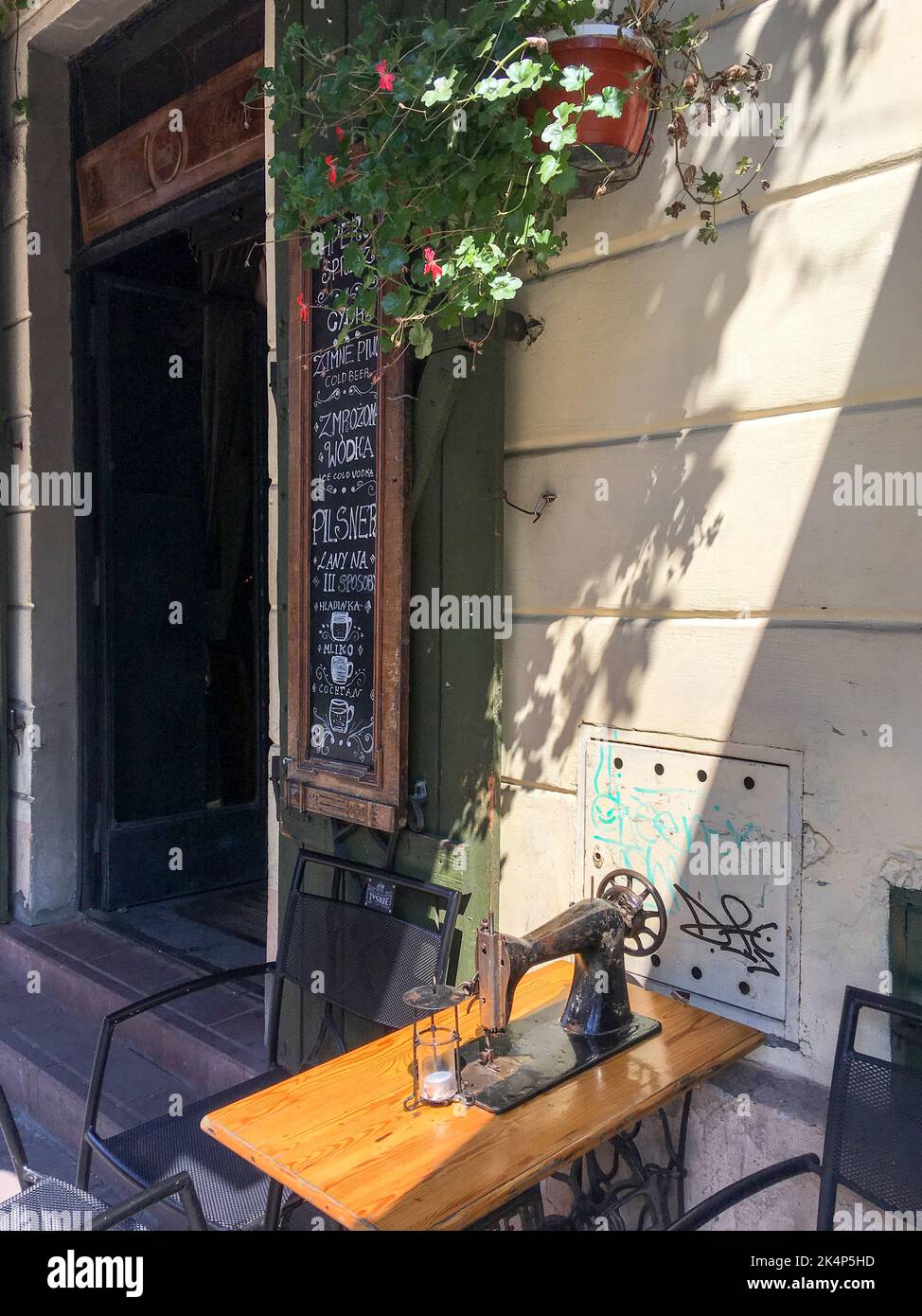 Krakow, Poland - August 4, 2018: Singer klub café with sewing machines ...