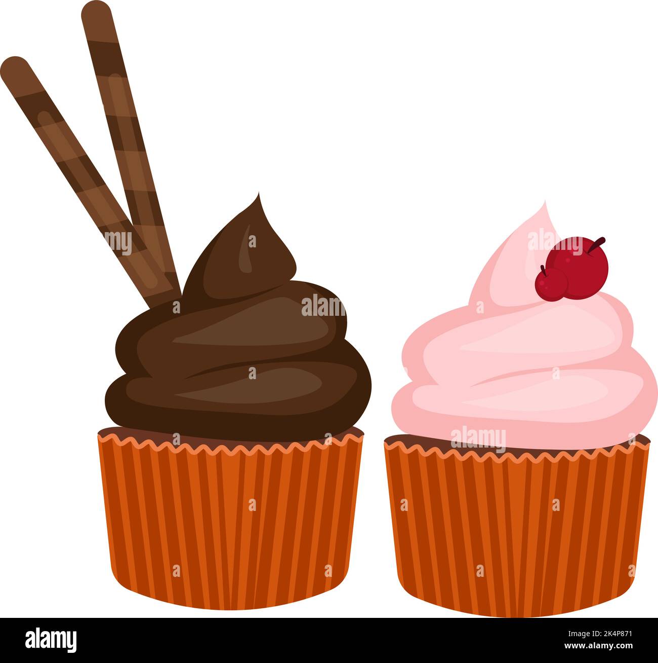 Two sweet chocolate and cherry cupcakes, illustration, vector on a ...