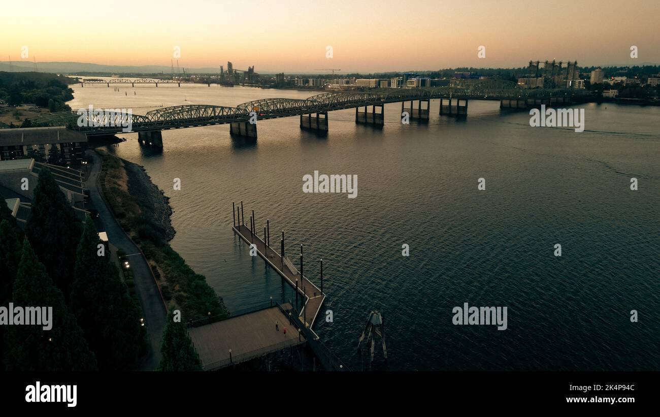 Drone footage of Oregon - Washington Interstate Bridge In Portland and ...