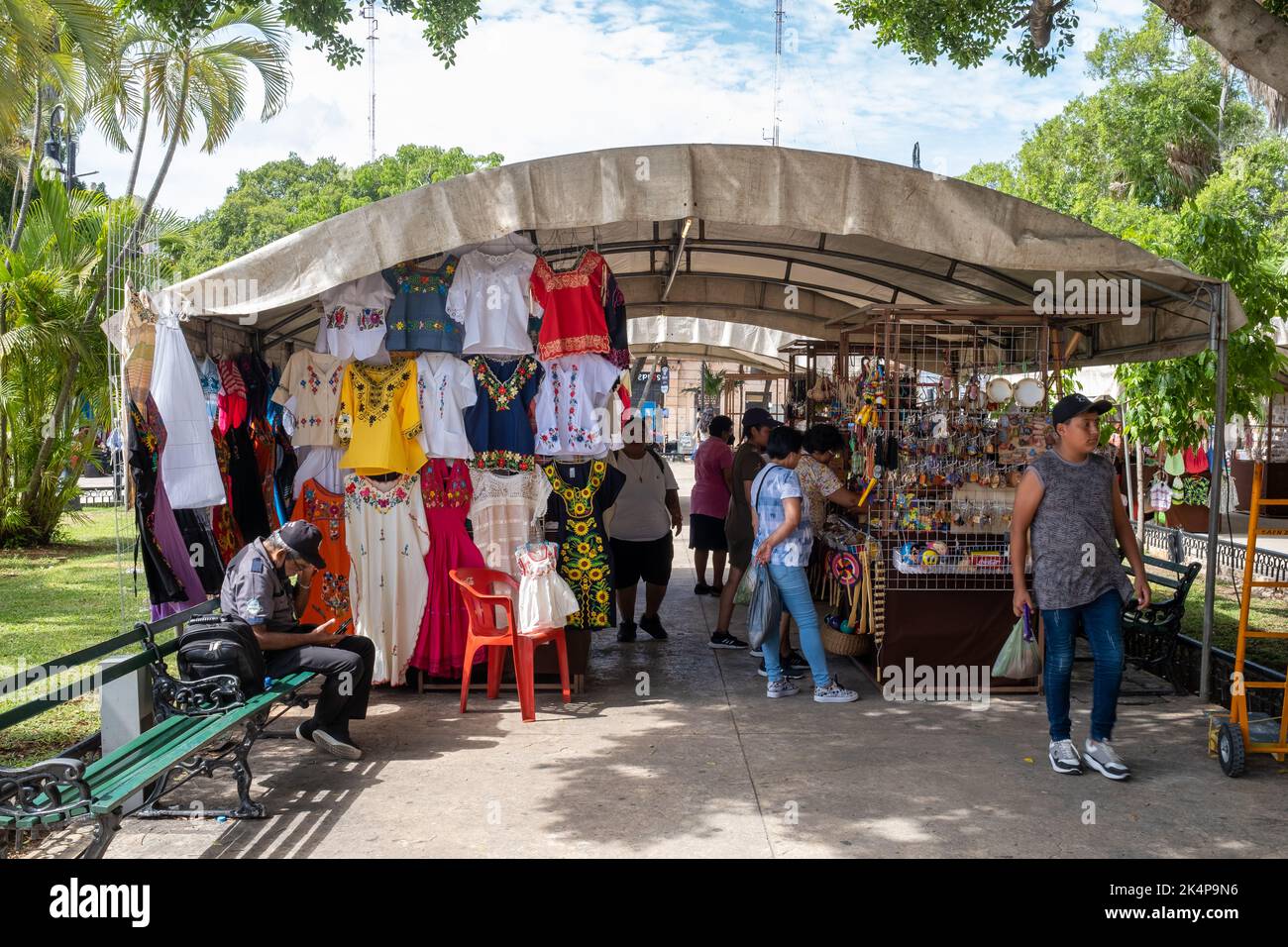 Market selling traditional clothes and handicraft on the city of Merida ...