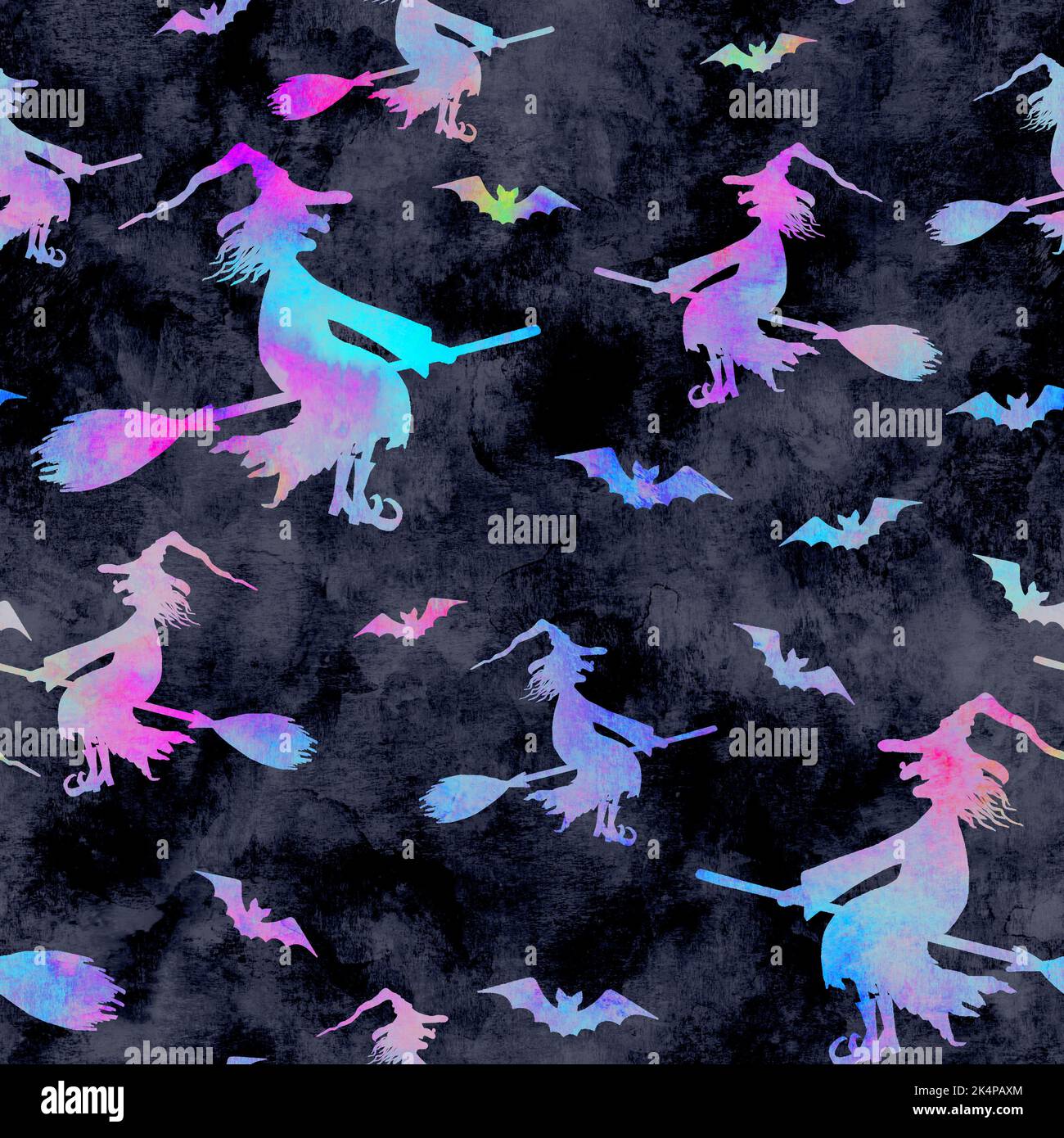 Silhouettes of smiling wicked witches flying on broomsticks. Grunge ...