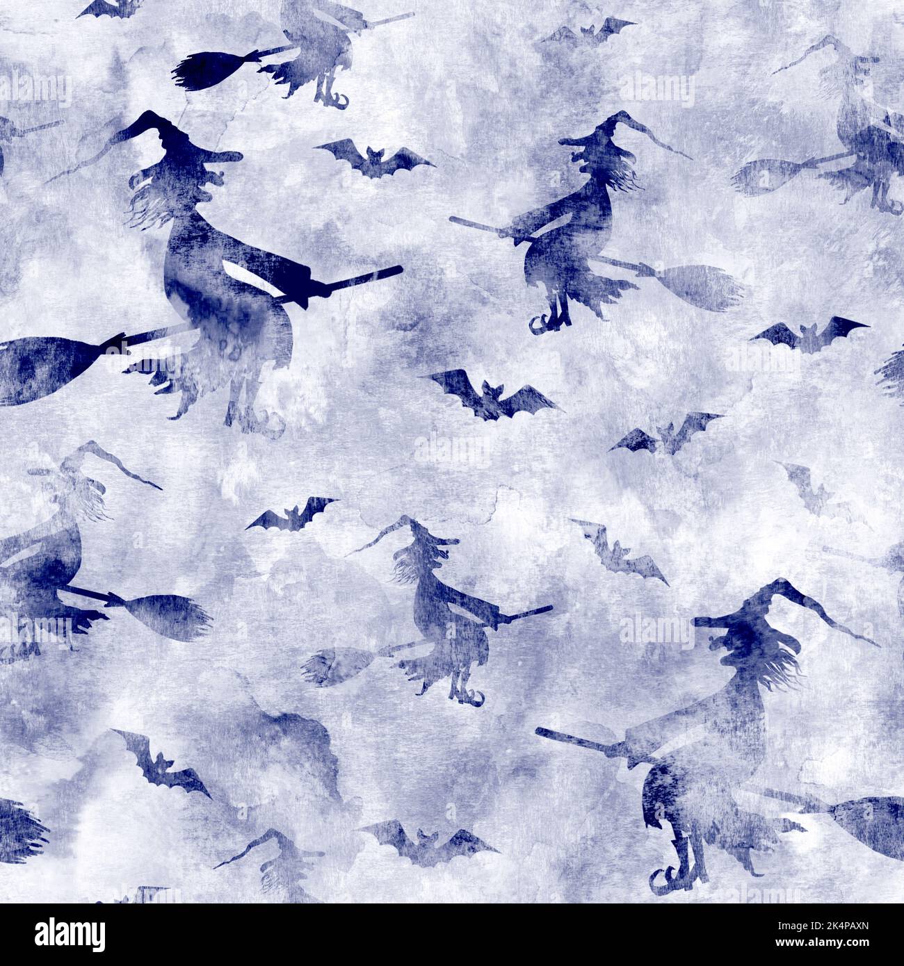 Silhouettes of smiling wicked witches flying on broomsticks. Grunge ...