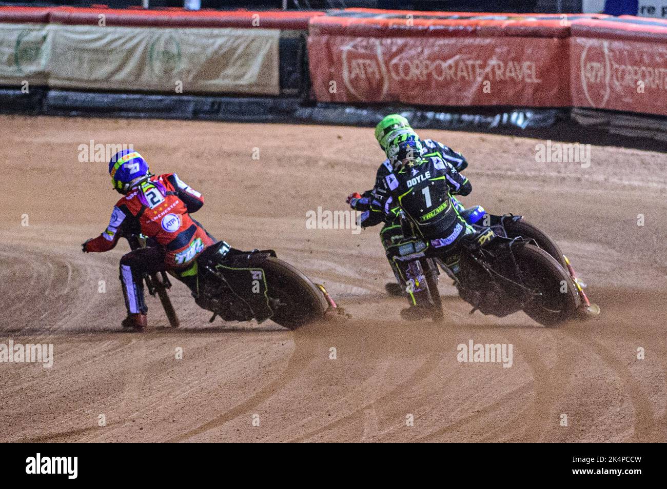 Tom Brennan (Blue) tries to pass Jason Doyle (White) and Aaron Summers ...