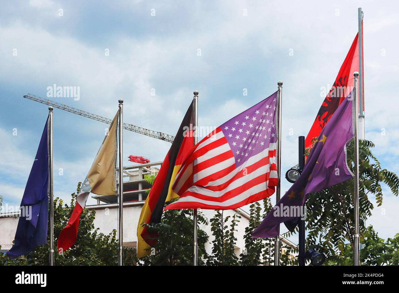 Tirana, Albania - September 1th 2022: Flags of Albania, Germany, USA ...