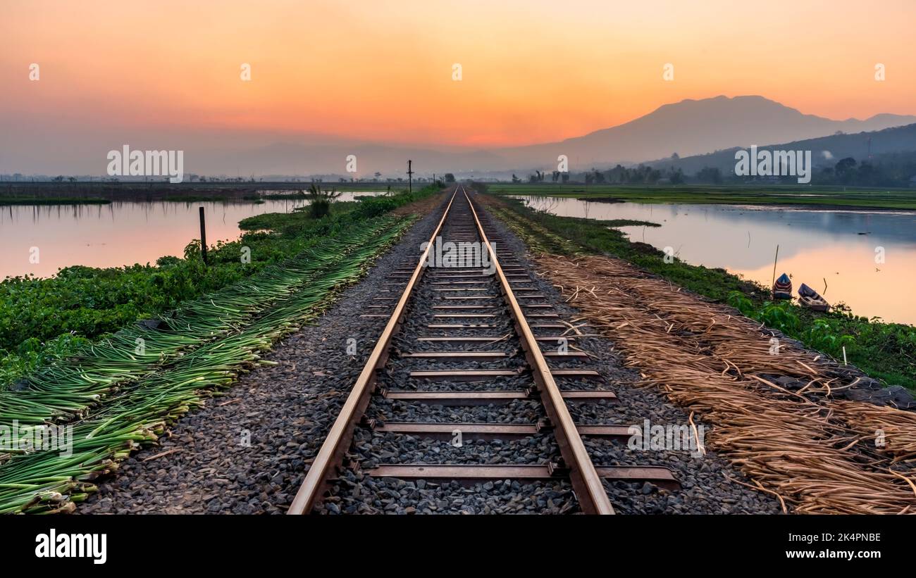 Railway track with motion blur effect. Blurred railway. Industrial ...