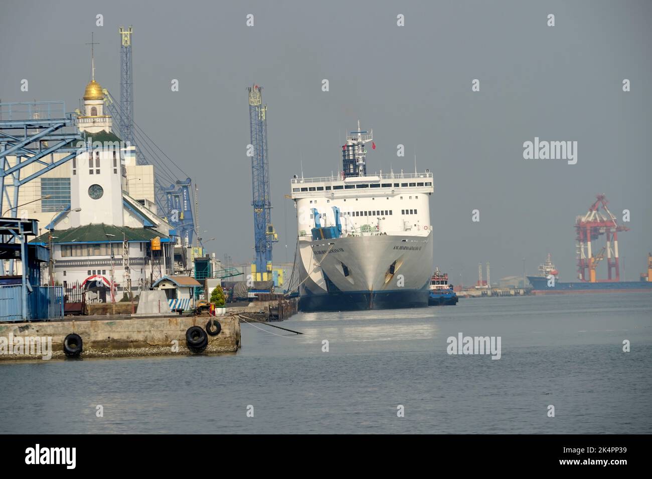 Surabaya, Indonesia - August 2022. Big commercial ship anchored at ...