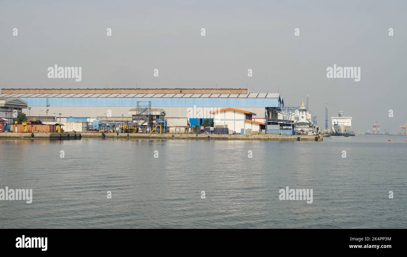 Surabaya, Indonesia - August 2022. Big commercial ship anchored at ...