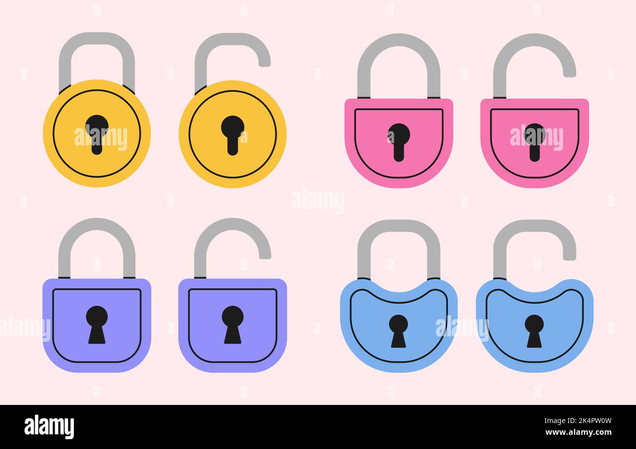 Set of simple minimal locked and unlocked padlocks with a keyhole. Flat security symbol. Vector ...