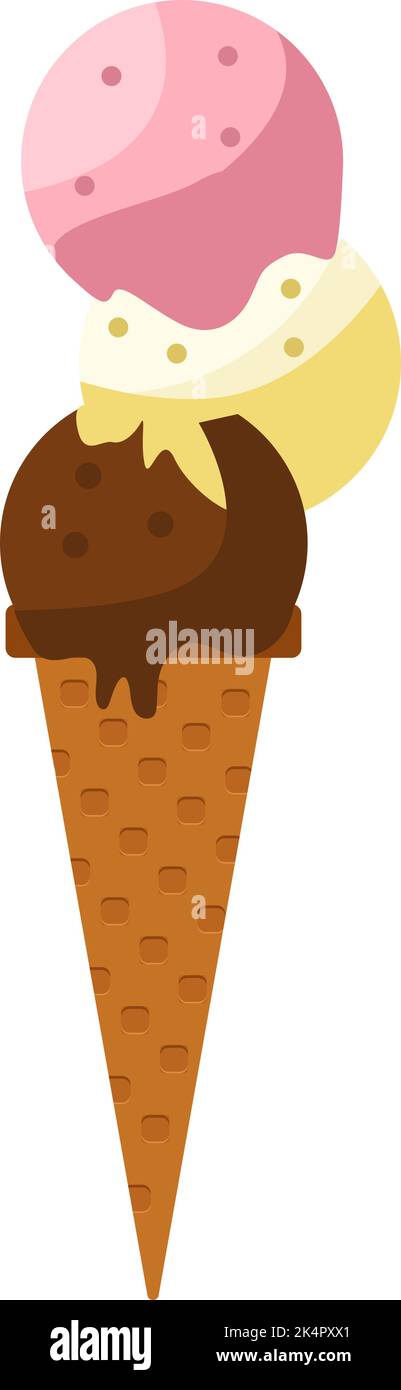 Three Scoops Of Ice Cream In Cone Illustration Vector On A White