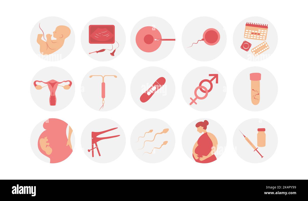 Woman fertility icon set. Obstetrics signs collection. Pregnancy ...