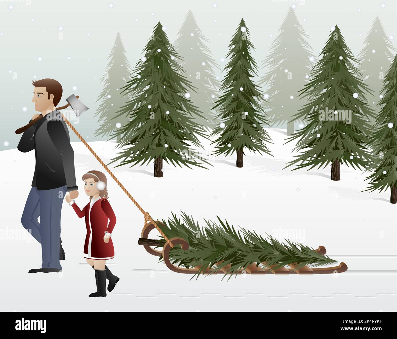 A father & daughter hold hands while pulling a newly cut Christmas tree ...