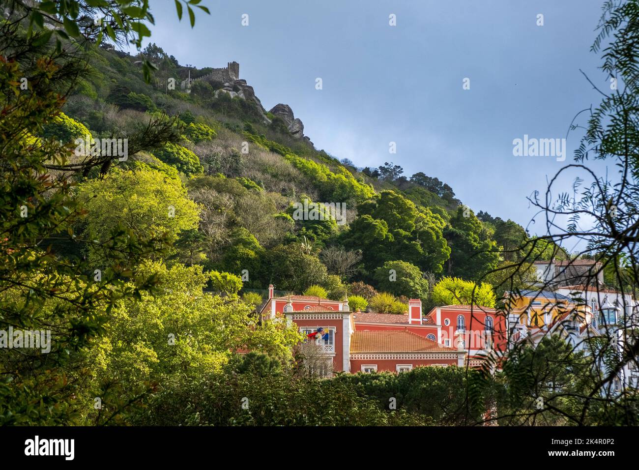 Sintra, Portugal, spring landscape, colorful houses and castle Stock ...