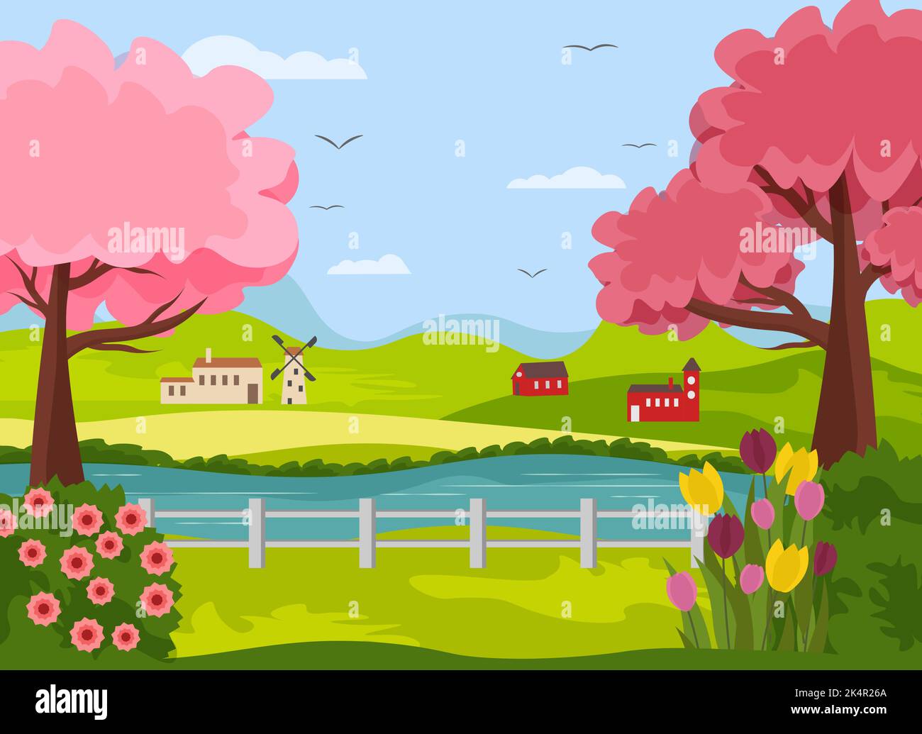 Rural garden landscape with river, hills and houses. Village scene with ...