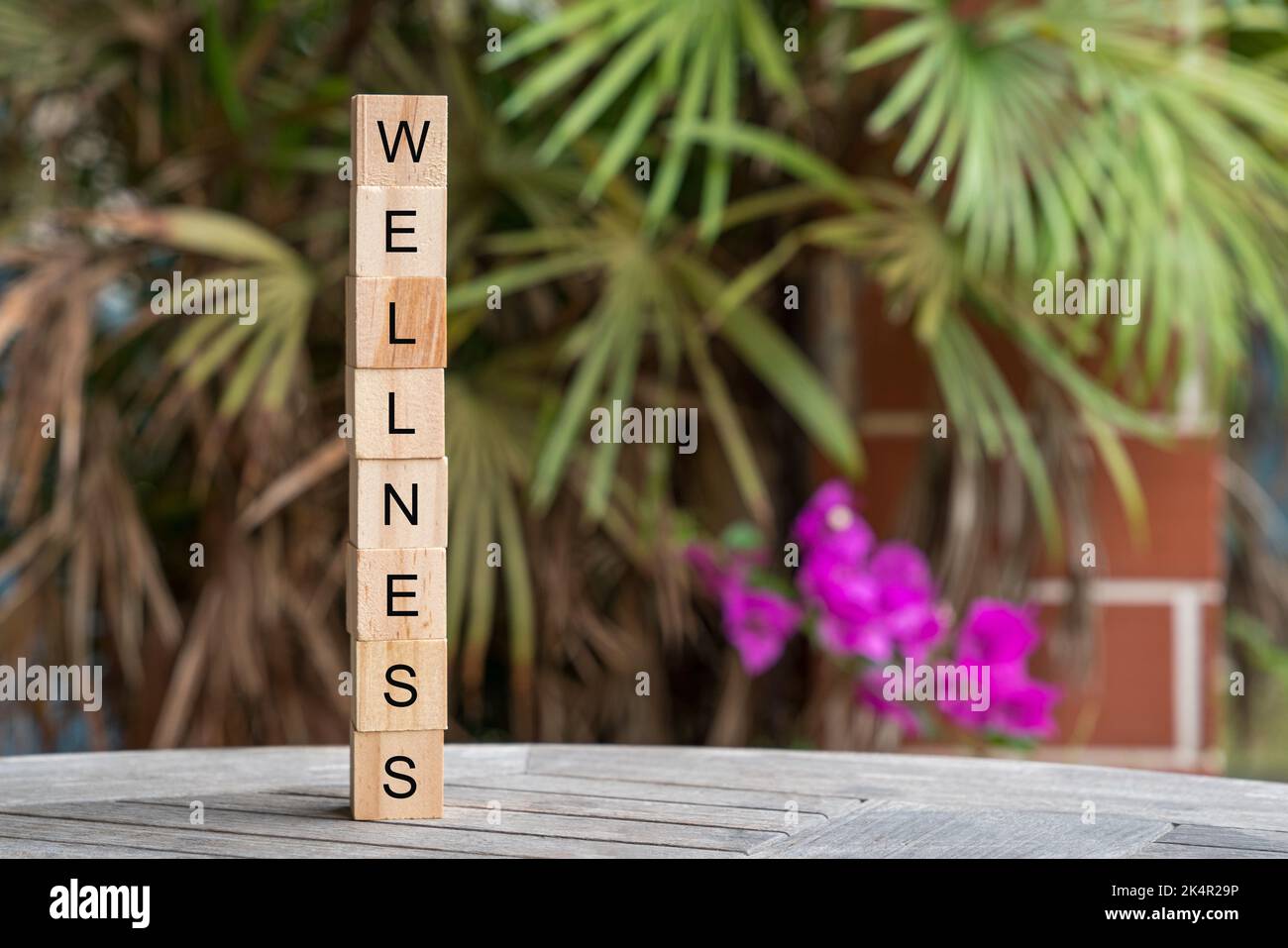 Wellness sign on wood cubes with nature background Stock Photo - Alamy