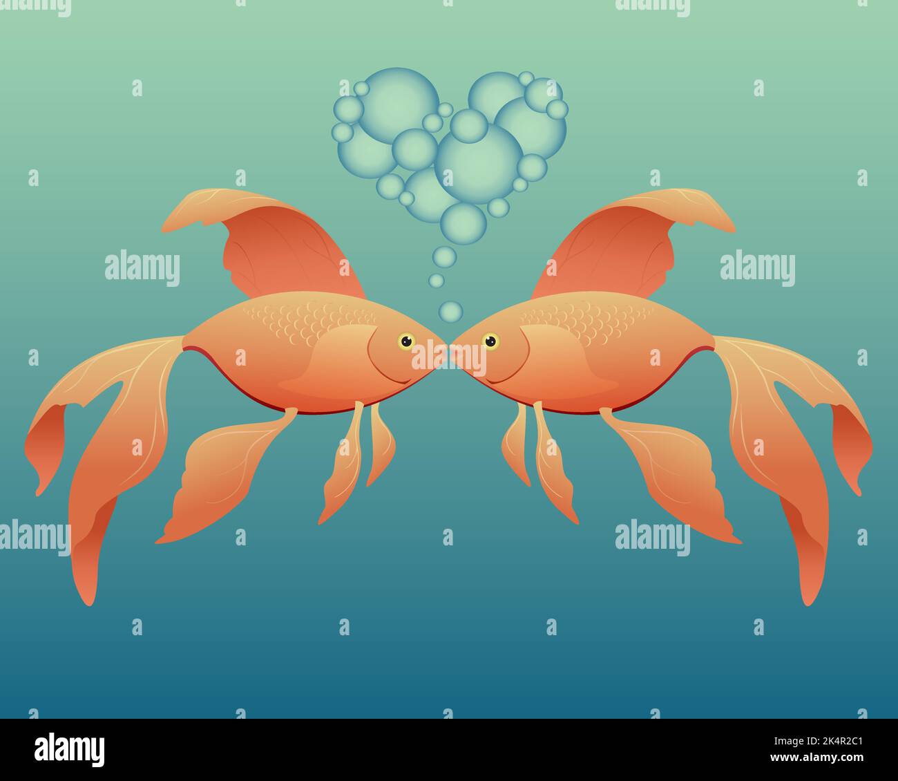 Two orange goldfish kissing with a heart of bubbles between them Stock ...
