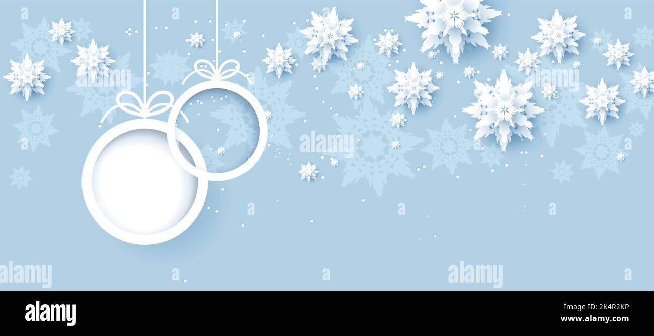 Realistic paper cut banner with baubles and snowflakes. Seasonal winter ...