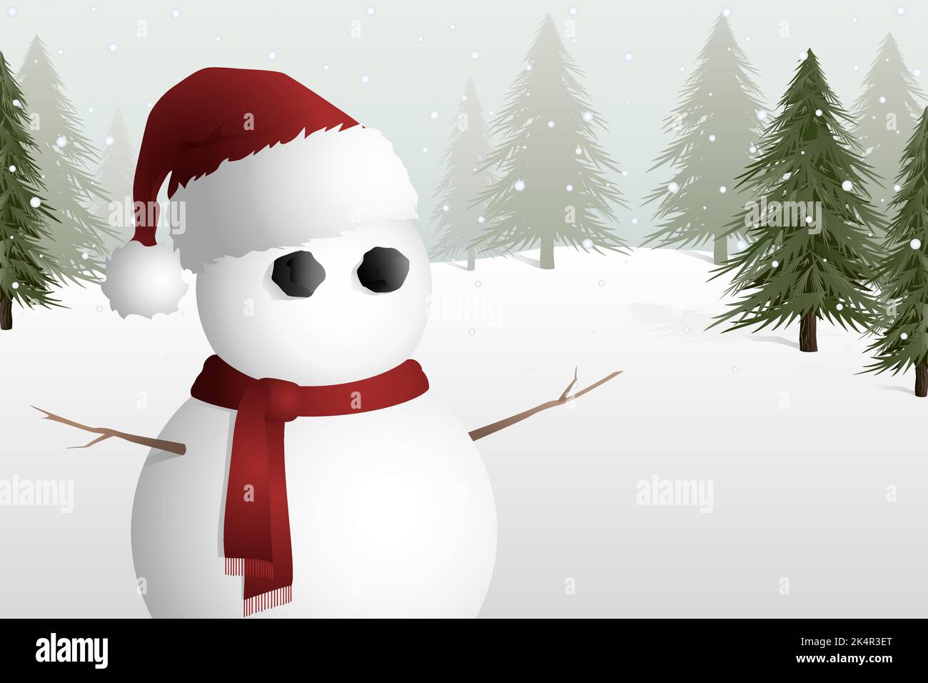 A cute snowman wearing a santa hat and scarf, standing in a snowy field ...