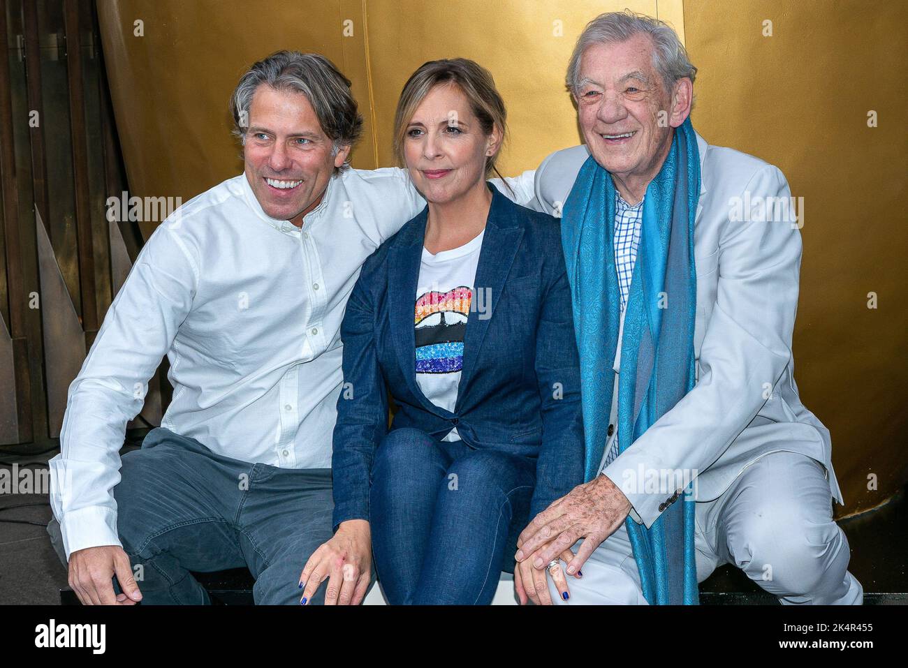 London, UK. 03rd Oct, 2022. (L-R) John Bishop, Mel Giedroyc, and Ian ...