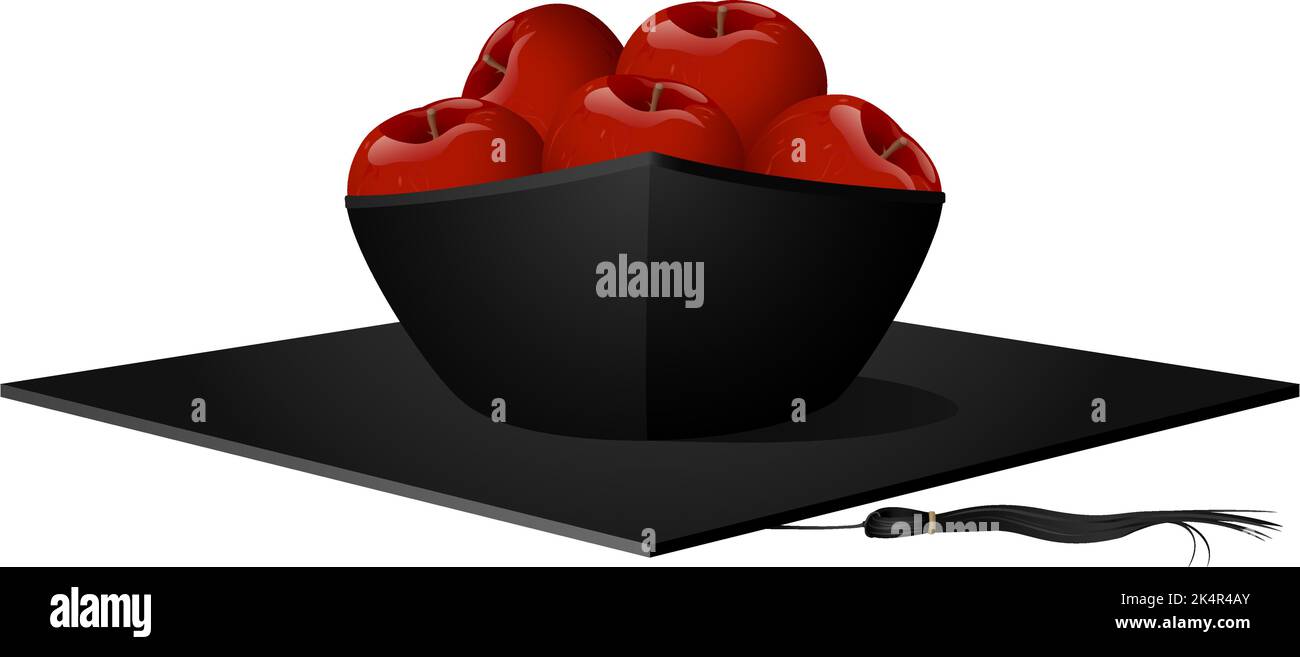 An upside down graduation cap used as a fruit bowl with apples inside ...