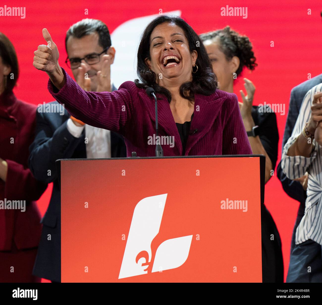 Quebec Liberal Leader Dominique Anglade speaks to supporters after the ...