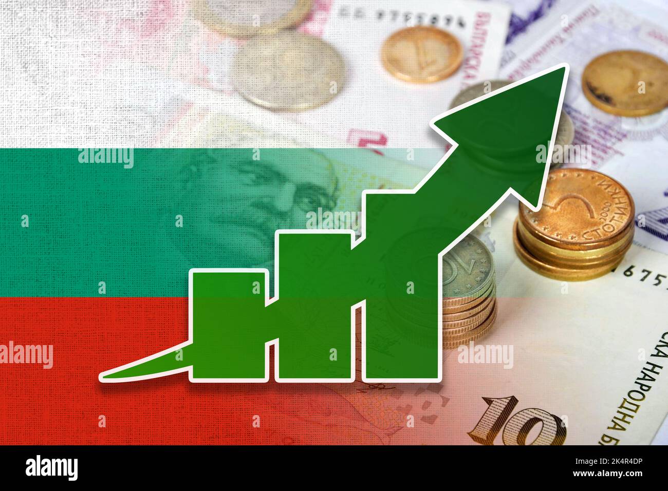 Economy Graph: Rising Arrow, Bulgaria Flag and Cash Lev Banknotes and ...
