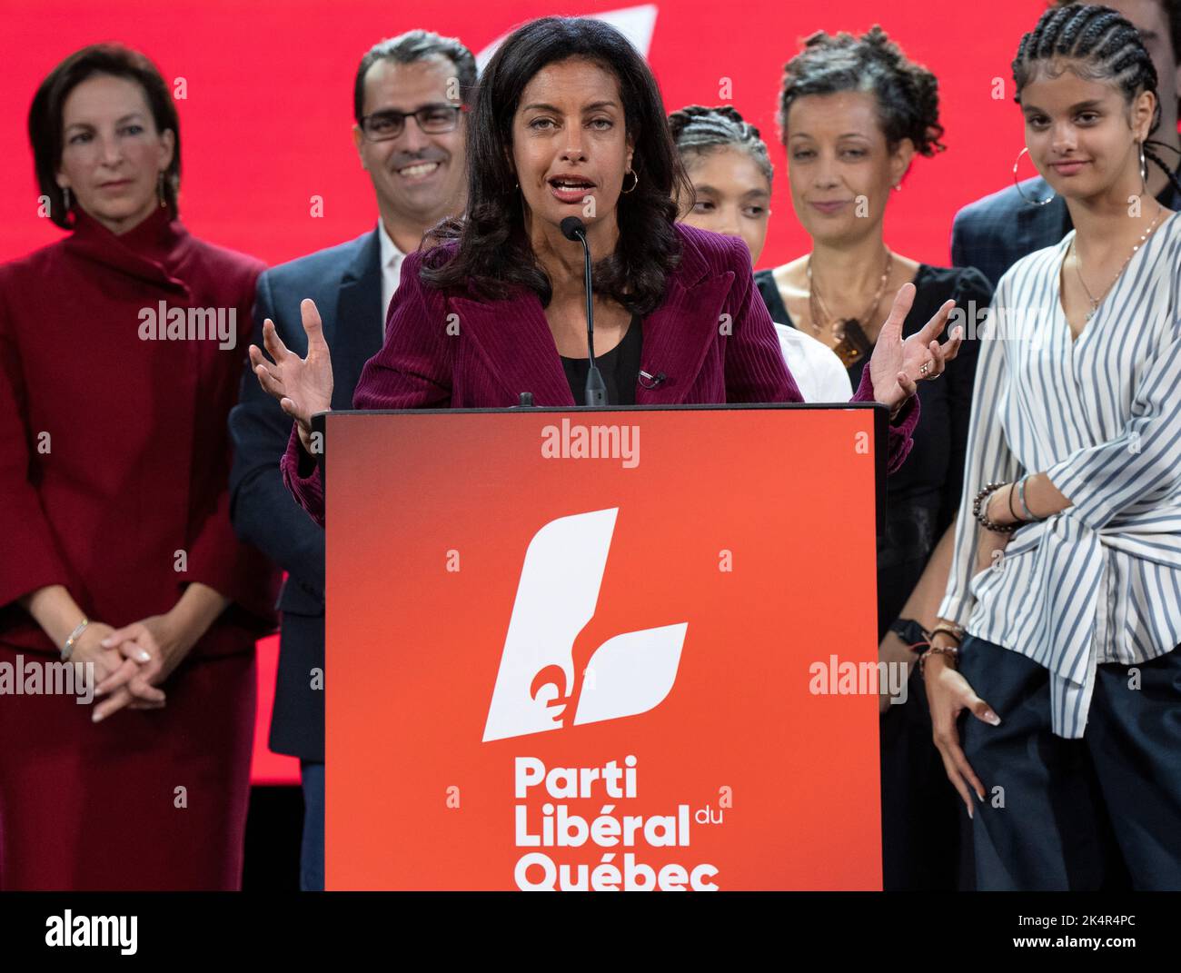 Quebec Liberal Leader Dominique Anglade speaks to supporters after the ...