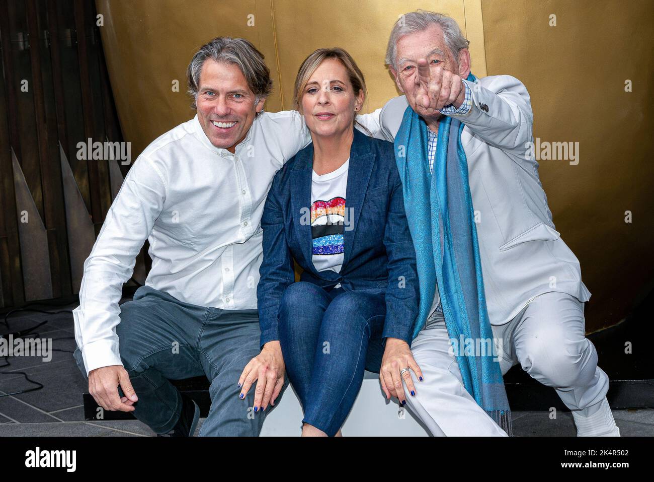 London, UK. 03rd Oct, 2022. (L-R) John Bishop, Mel Giedroyc, and Ian ...