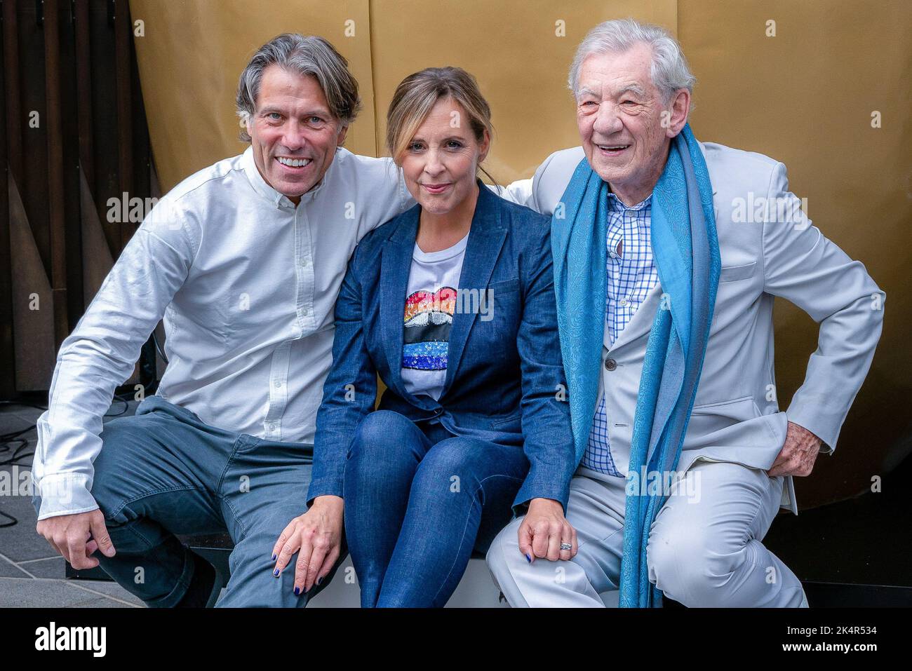 London, UK. 03rd Oct, 2022. (L-R) John Bishop, Mel Giedroyc, and Ian ...