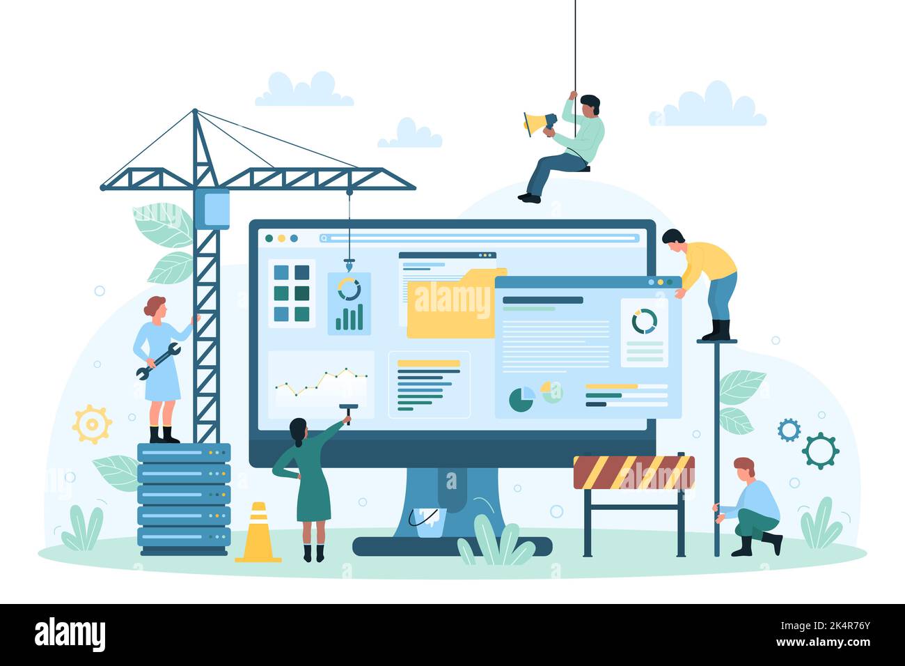 Website under construction vector illustration. Cartoon tiny people build and update structure ...