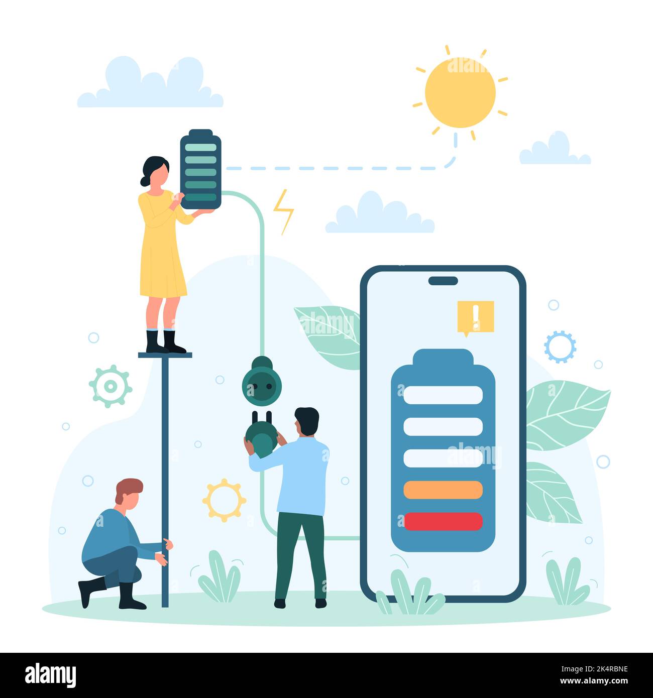 Solar Energy For Electricity Generation Vector Illustration Cartoon Tiny People Charge Mobile