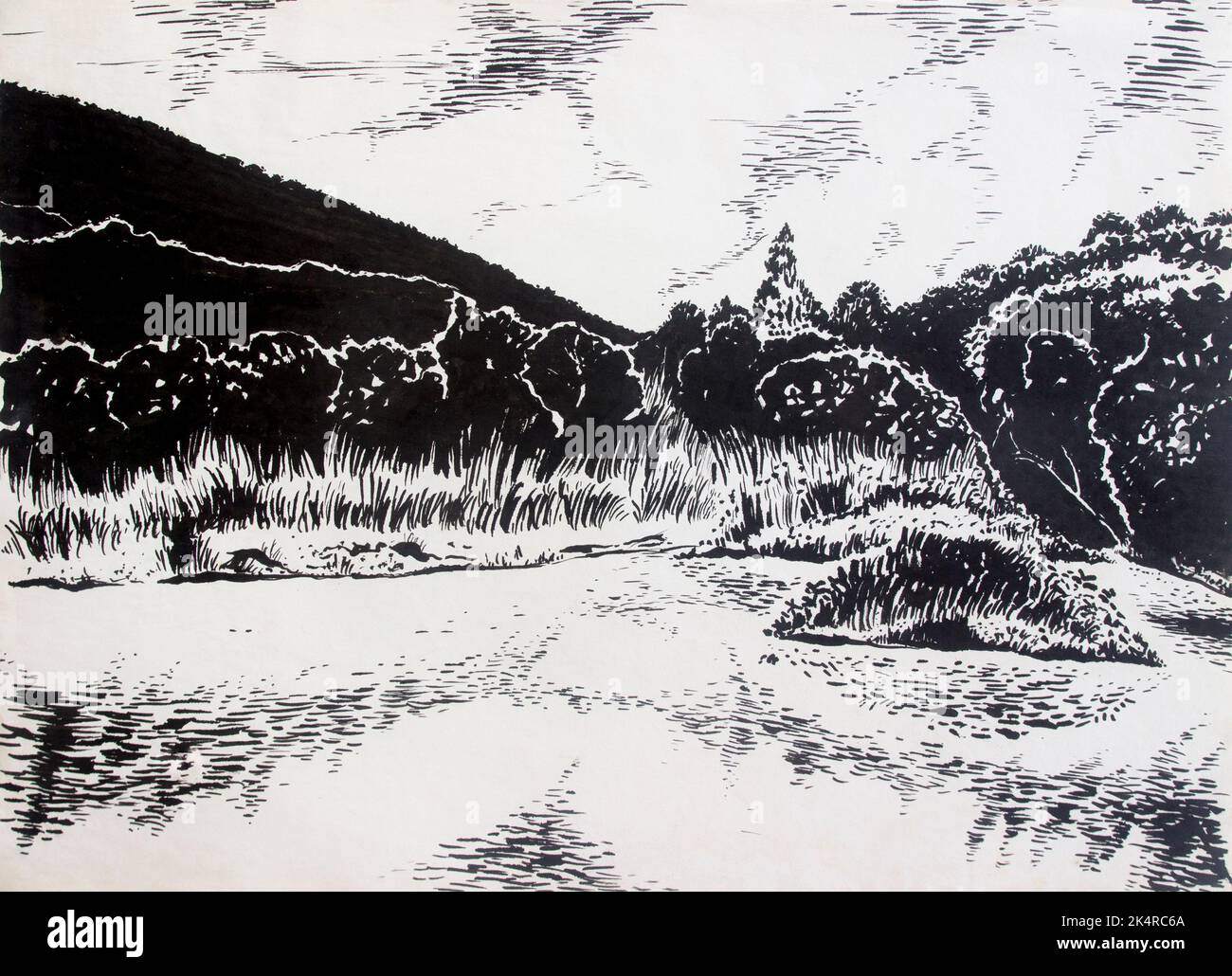 Abstract painting ink by brush on a white background paper, Drawing ...