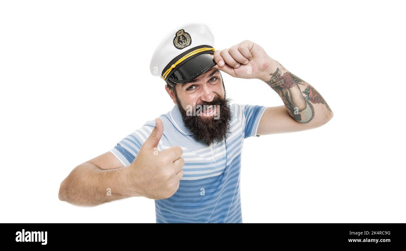 Brutal seaman isolated on white. Captain concept. Welcome aboard ...