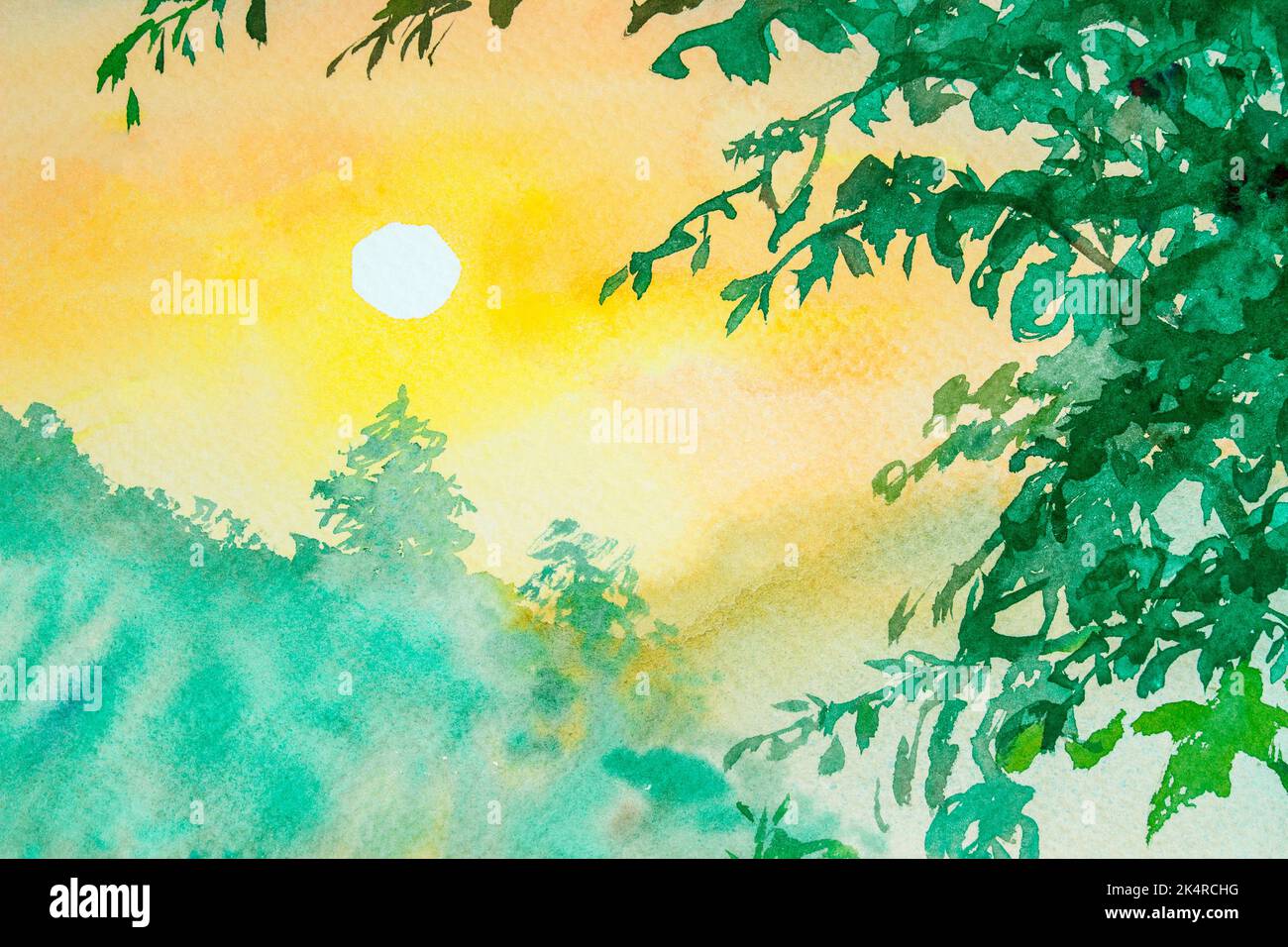 Watercolor landscape painting yellow, orange color of sunrise above the ...