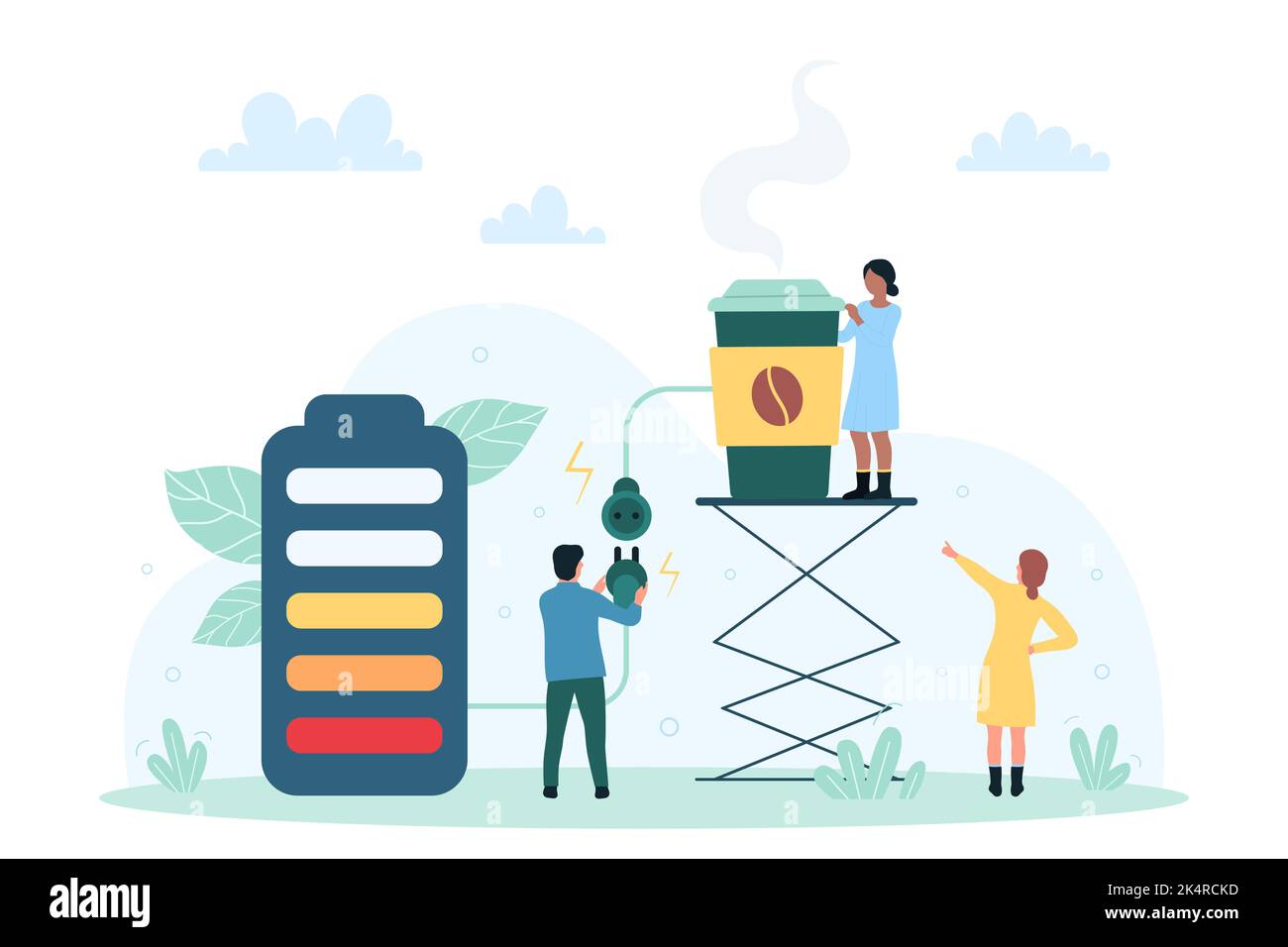 Coffee break to charge battery vector illustration. Cartoon tiny people ...