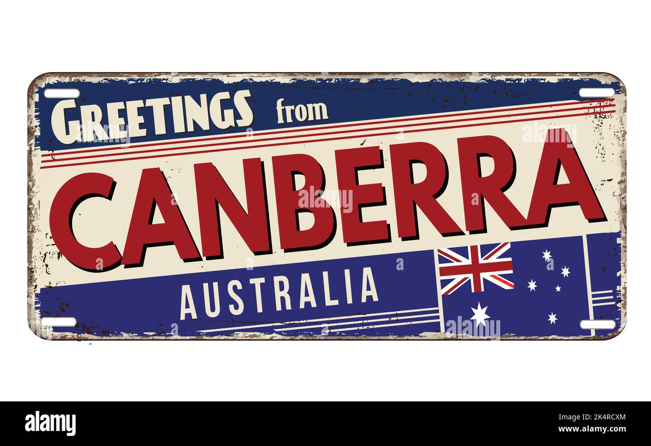 Greetings from Canberra vintage rusty metal plate on a white background ...