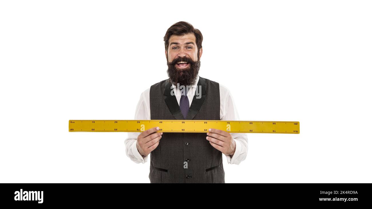 Maths teacher taking measurement. this is too big. happy man measure ...