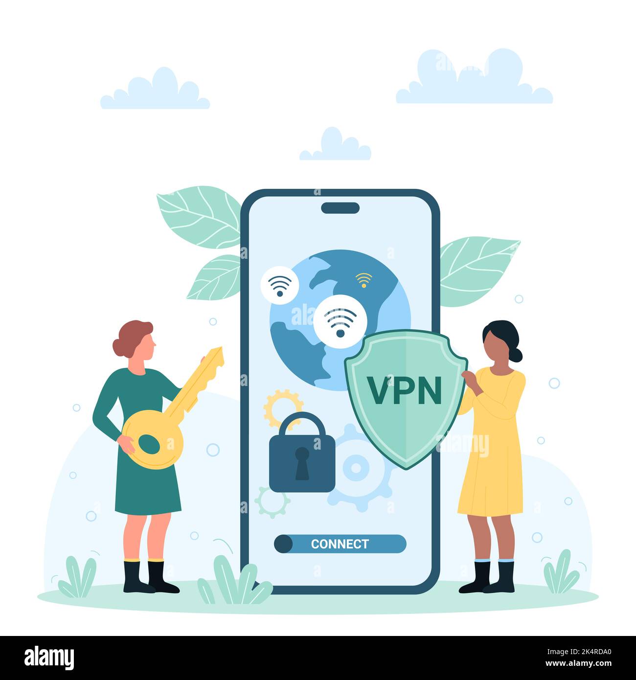 Mobile VPN service, data protection vector illustration. Cartoon tiny people holding key to lock ...